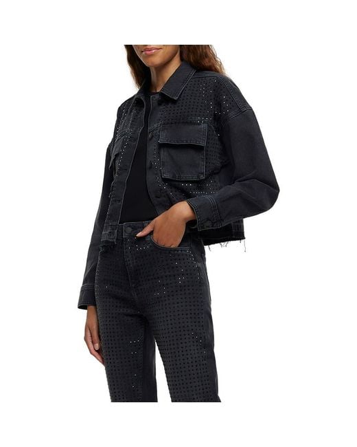 River Island Crystal Embellished Crop Denim Jacket in Black | Lyst
