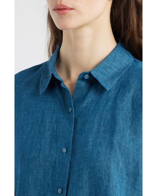 Eileen Fisher Women's Blue Linen Elbow Sleeve Button-Up Shirt