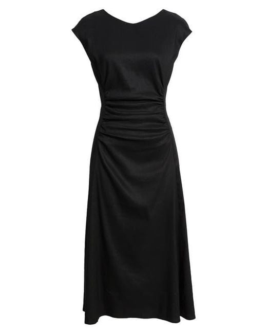Nordstrom Linen Blend Ruched Midi Dress in Black | Lyst