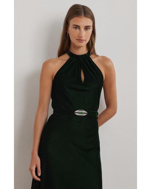 Ralph Lauren Belted Velvet Halter Neck Cocktail Dress in Black | Lyst