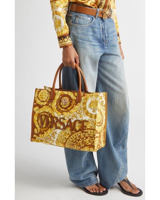 Versace La Medusa Logo Floral Canvas Tote in Metallic | Lyst