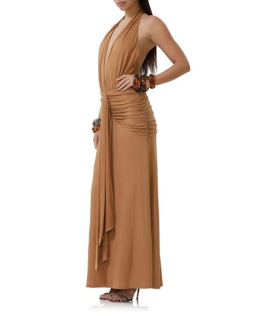 AFRM Heidi Plunge Halter Neck Faux Suede Maxi Dress in Brown | Lyst
