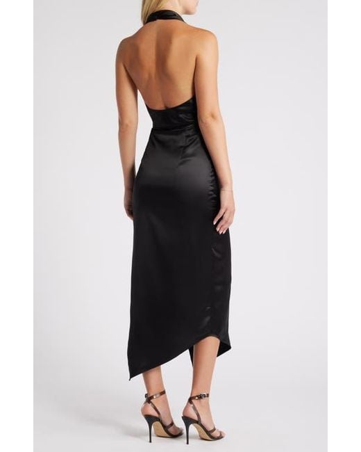 Lulus Glamorous Desires Asymmetric Satin Halter Dress in Black | Lyst