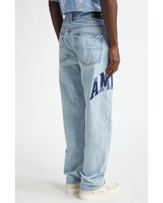 Amiri Varsity Logo Rip & Repair Straight Leg Jeans in Blue for Men | Lyst
