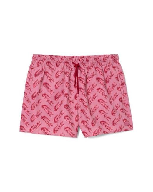 Lacoste Logo Print Cotton Swim Trunks in Red for Men | Lyst