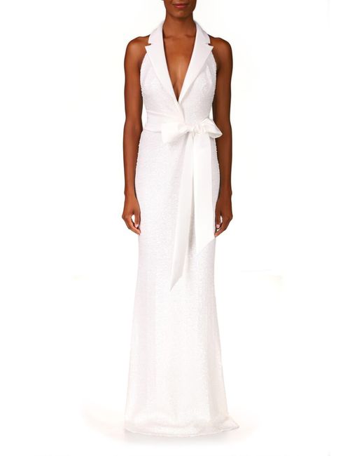Badgley Mischka Sequin Halter Neck Tuxedo Gown In White Lyst