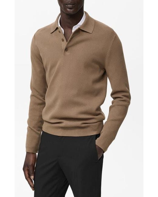Mango Long Sleeve Piqué Polo in Brown for Men | Lyst
