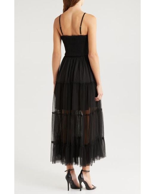 Moon River Plissé Tiered Tulle Midi Dress in Black | Lyst