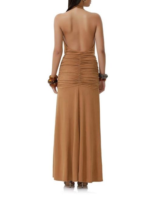 AFRM Heidi Plunge Halter Neck Faux Suede Maxi Dress in Brown | Lyst