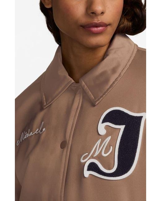 Nike Chenille Patch Satin Varsity Bomber Jacket in Brown | Lyst