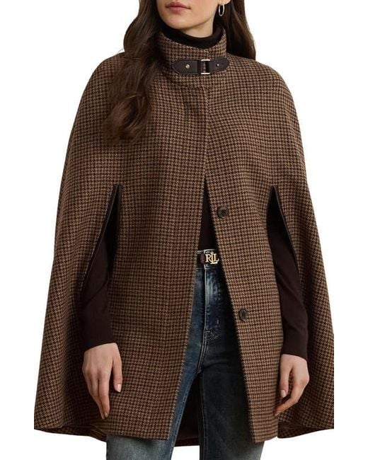 Ralph Lauren Houndstooth Wool Blend Cape in Brown | Lyst