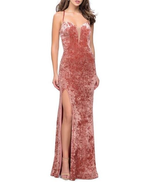 La Femme Crushed Velvet Form Fitting Gown With Leg Slit And Open Back ...