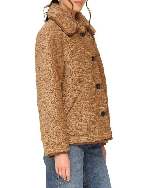 Avec Les Filles Faux Shearling Teddy Coat With Faux-Ever Leather Trim in Brown | Lyst