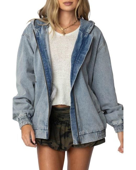 Edikted Front Zip Denim Hooded Jacket in Gray | Lyst