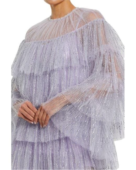 Mac Duggal High Neck Tiered Ruffle Pearl Beaded Cape Dress in Purple | Lyst