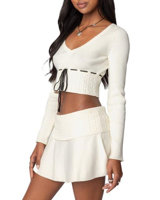Edikted Andie Crop Long Sleeve Knit Top in White | Lyst
