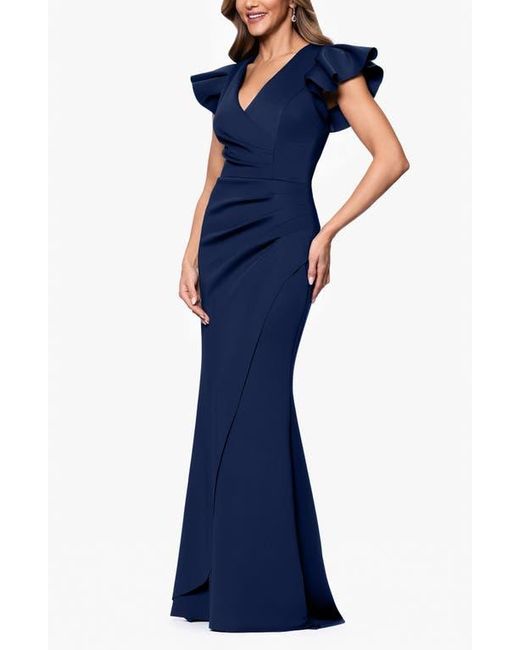 Xscape Evenings Ruffle Ruched Scuba Knit Gown in Blue | Lyst