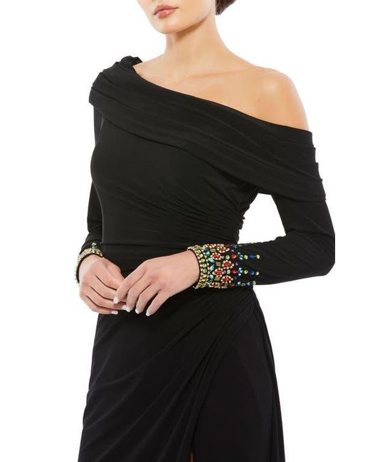 Mac Duggal Jeweled Cuff Drop Shoulder Faux Wrap Gown in Black | Lyst
