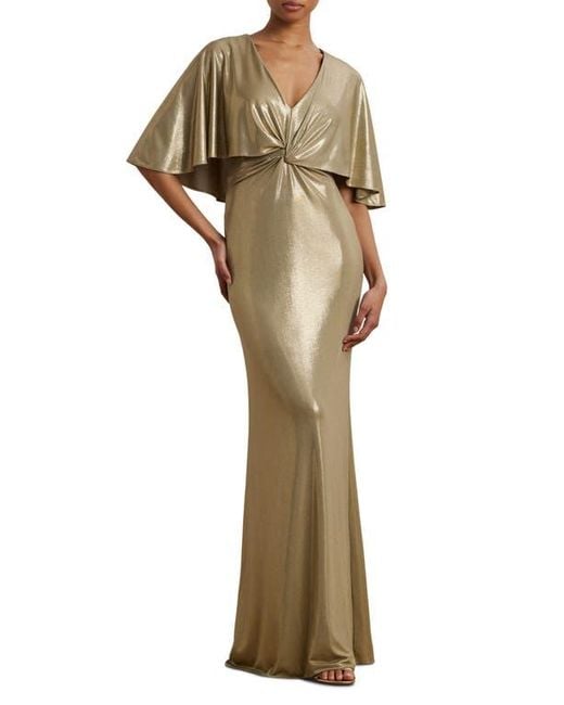 Ralph Lauren Metallic Cape Overlay Jersey Column Gown in Natural | Lyst