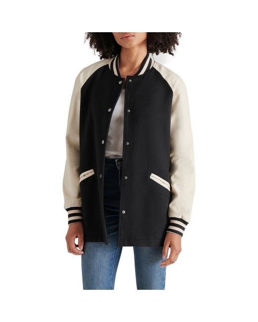 Steve Madden Skylie Faux Leather Sleeve Twill Stadium Bomber Jacket in ...