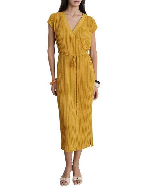 Mango Pleated Belted Midi Dress in Yellow | Lyst