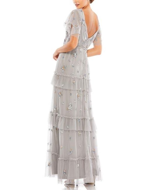 Mac Duggal Ruffle Tiered Embellished Flutter Sleeve Gown in Gray | Lyst