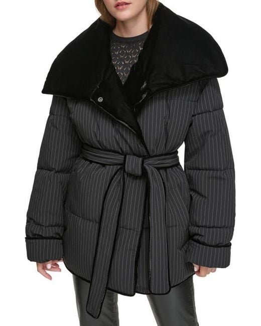 Andrew Marc Krithia Pinstripe Belted Puffer Coat in Black | Lyst