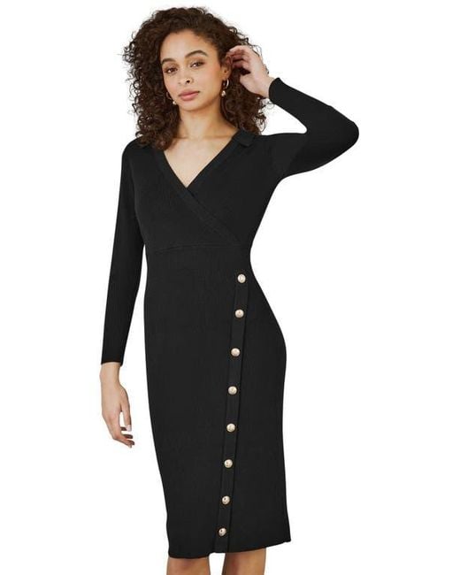 Yumi' Knitted Button Detailed Midi Dress in Black | Lyst