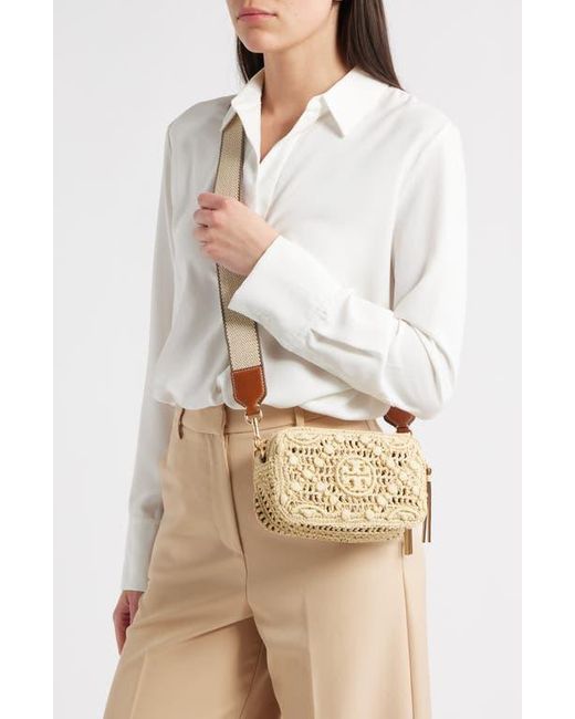 Tory Burch Mini Miller T Monogram Raffia Crossbody Bag in Metallic | Lyst