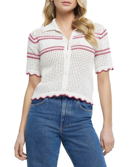 River Island Crochet Polo Sweater In White Lyst