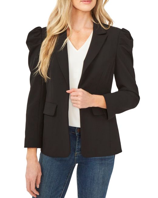 Cece Puff Shoulder Open Front Ponte Blazer in Black | Lyst