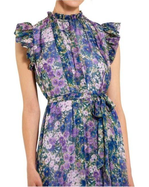 Mac Duggal Belted Floral Chiffon Ruffle Sleeve Gown in Blue | Lyst