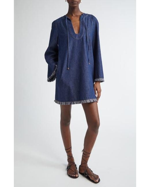 Zimmermann Rhiannon Long Sleeve Fringe Trim Denim Minidress in Blue | Lyst