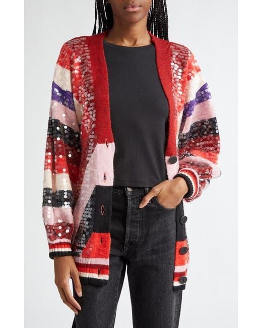 FARM Rio Sequin Belted Cardigan in Red | Lyst