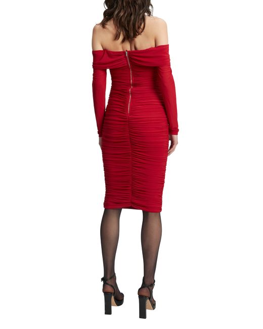 Bardot Helena Ruched Off The Shoulder Long Sleeve Mesh Dress in Red | Lyst