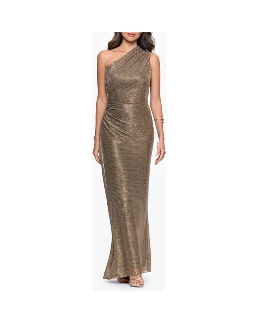 Betsy & Adam One-Shoulder Metallic Crinkled Column Gown in Brown | Lyst