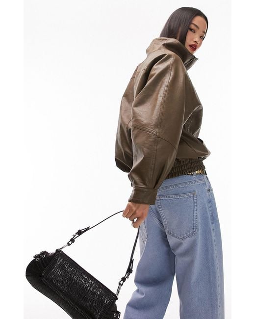 TOPSHOP Faux Leather Bomber Jacket in Brown | Lyst TOPSHOP Faux Leather Bomber Jacket in Brown | Lyst
