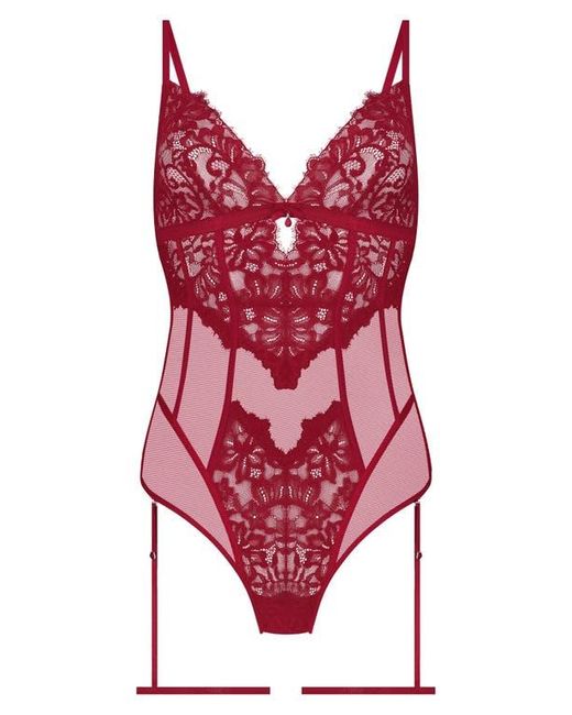Hunkemöller Charlotta Mesh & Lace Teddy With Garter Straps in Red | Lyst
