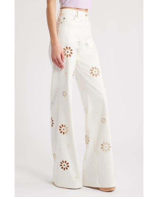 LoveShackFancy Carolette Eyelet Cutout Bootcut Jeans in White | Lyst