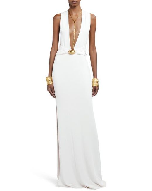 Tom Ford Plunge Neck Stretch Sable Evening Gown in White | Lyst