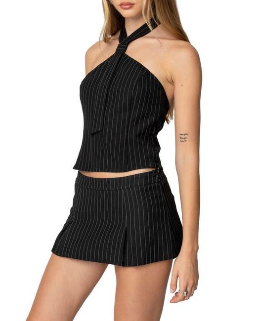 Edikted Karine Pinstripe Tie Halter Top in Black | Lyst