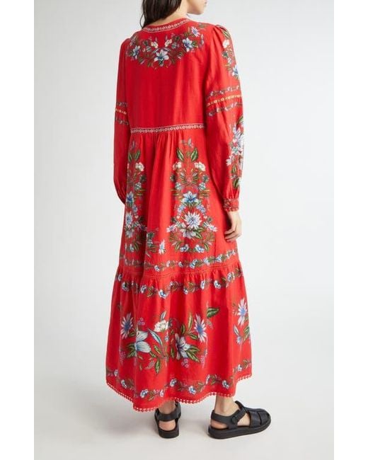 FARM Rio Sweet Bloom Long Sleeve Linen Blend Tiered Maxi Dress | Lyst