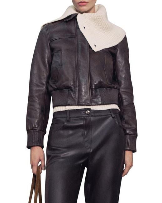 Mango Crop Leather Bomber Jacket in Blue | Lyst