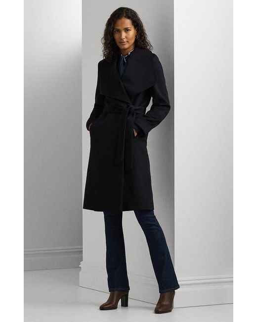 Ralph Lauren Longline Wool Blend Wrap Coat in Black | Lyst