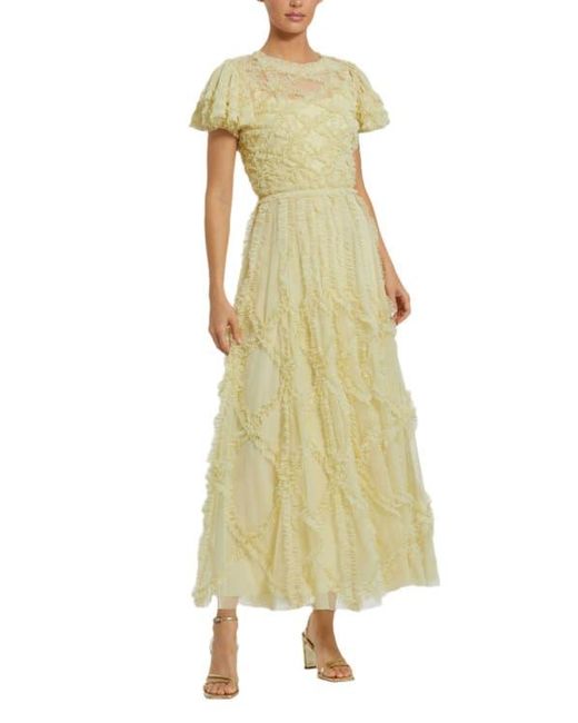 Mac Duggal Solid Mesh Dotted Micro Ruffle High Neck Gown in Yellow | Lyst