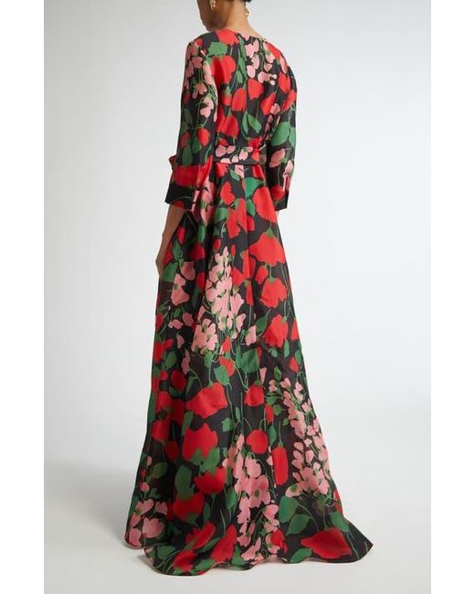 Carolina Herrera Floral Print Silk Gazar Trench Gown in Red | Lyst