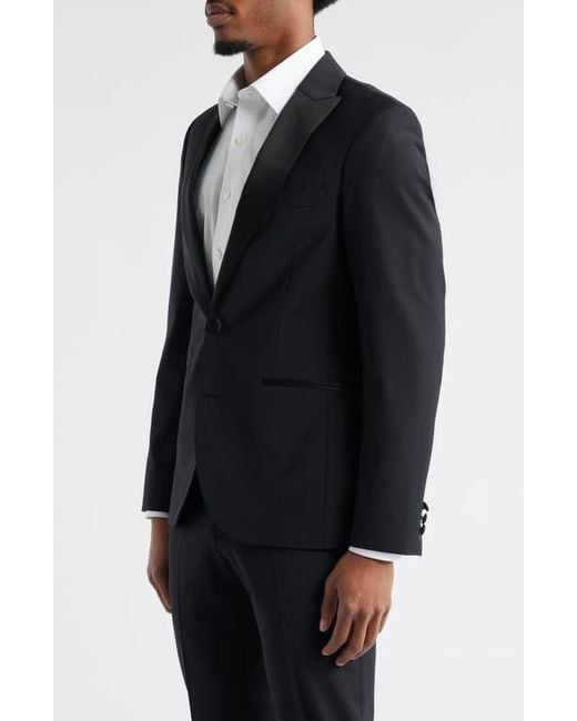 Open Edit Peaked Lapel Stretch Wool Blend Tuxedo Jacket in Black for ...