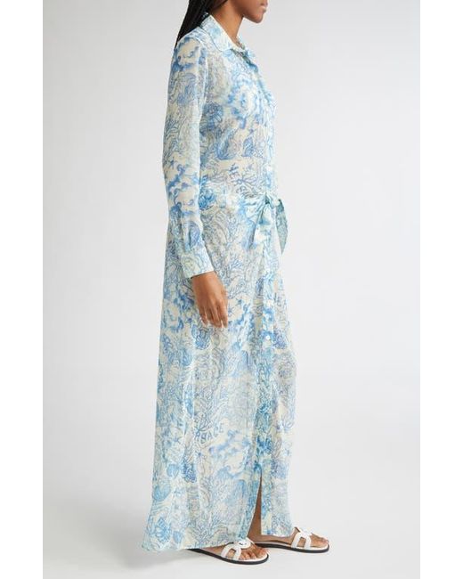 Versace Underwater Barocco Long Sleeve Cover-Up Shirtdress in Blue | Lyst