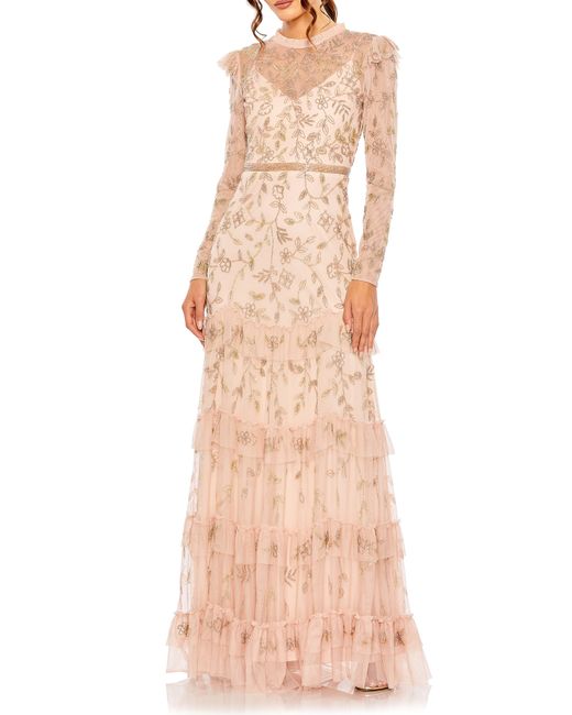 Mac Duggal Floral Beaded Appliqué Long Sleeve Tiered Gown In Natural Lyst