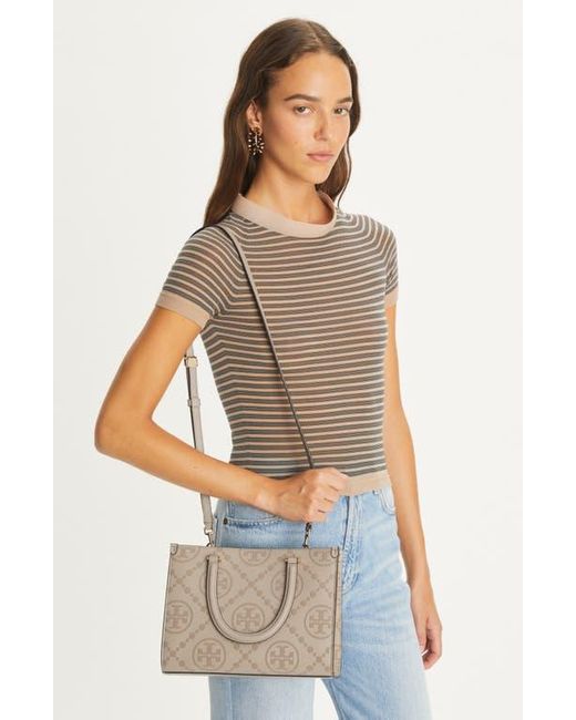 Tory Burch T Monogram Embossed Jacquard Square Tote in Natural | Lyst